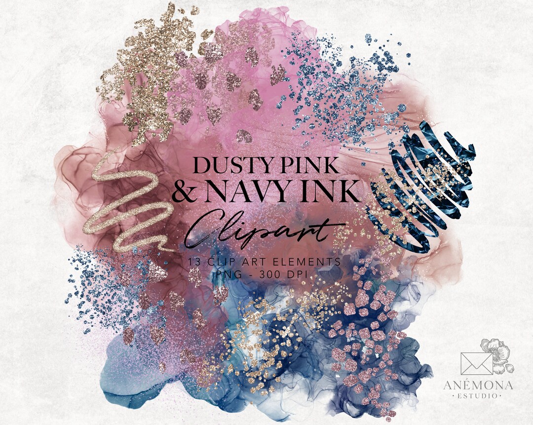 Pink and Navy Alcohol Ink Clipart - Splashes Clipart - Dusty Pink Back ...