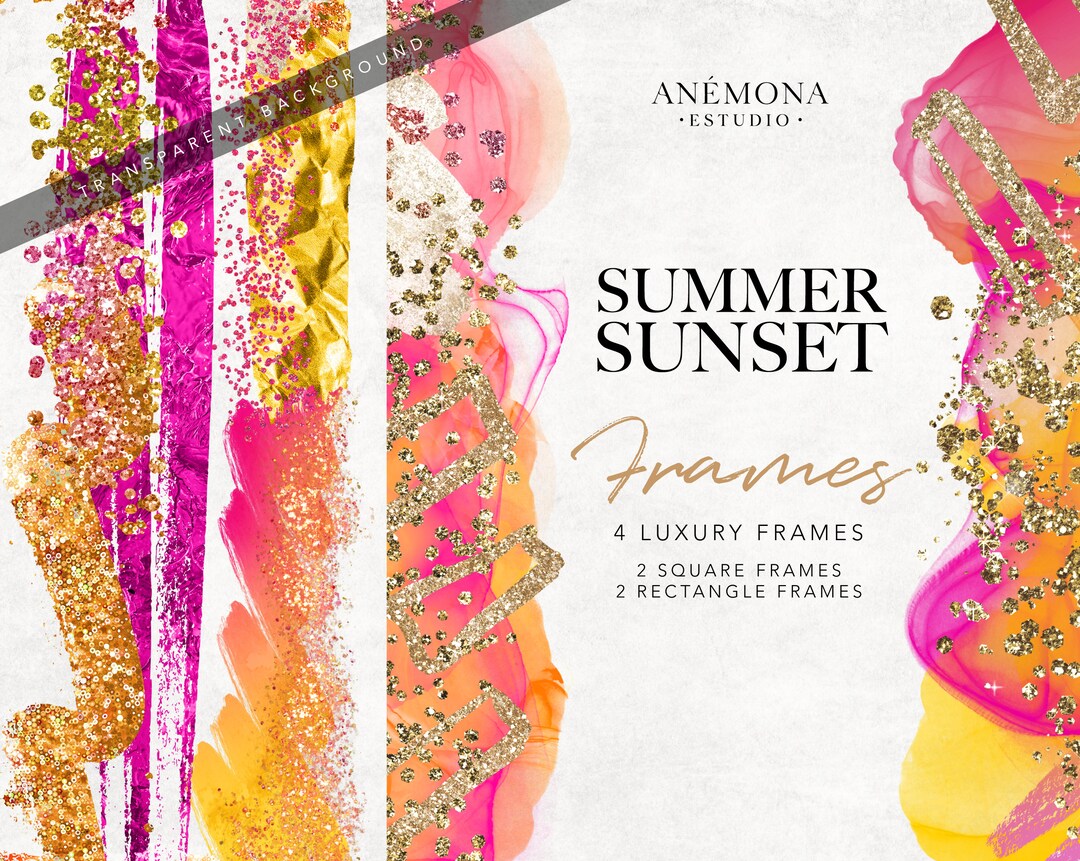 Pink and Orange Frame Clipart - Digital Modern Frame, Glitter Border ...