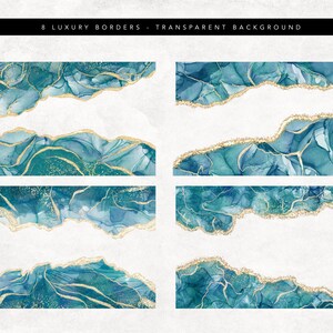 Turquoise Agate Borders Clipart, Teal Watercolor Geode Clipart - Gold ...