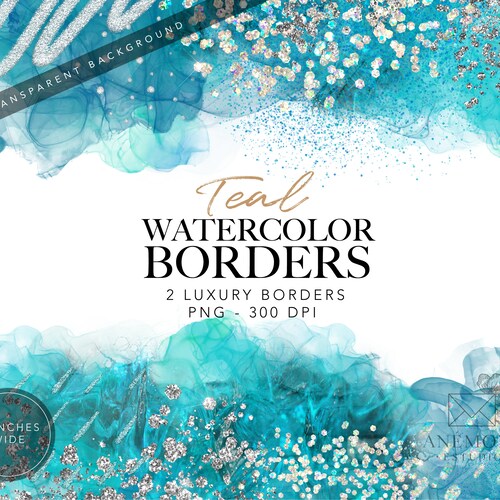 Teal Watercolor Border Clipart Edges Glitter Border Aqua - Etsy