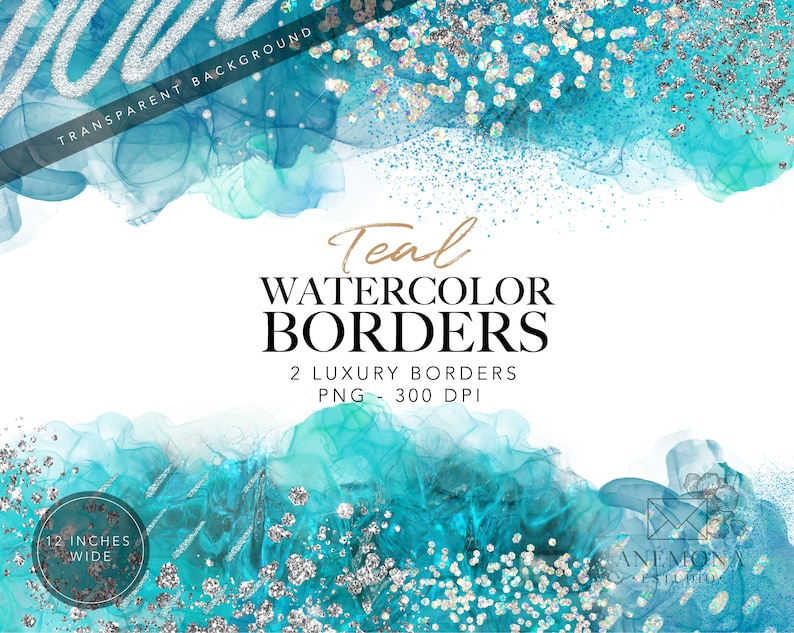 Teal Watercolor Border Clipart Edges Glitter Border Aqua - Etsy