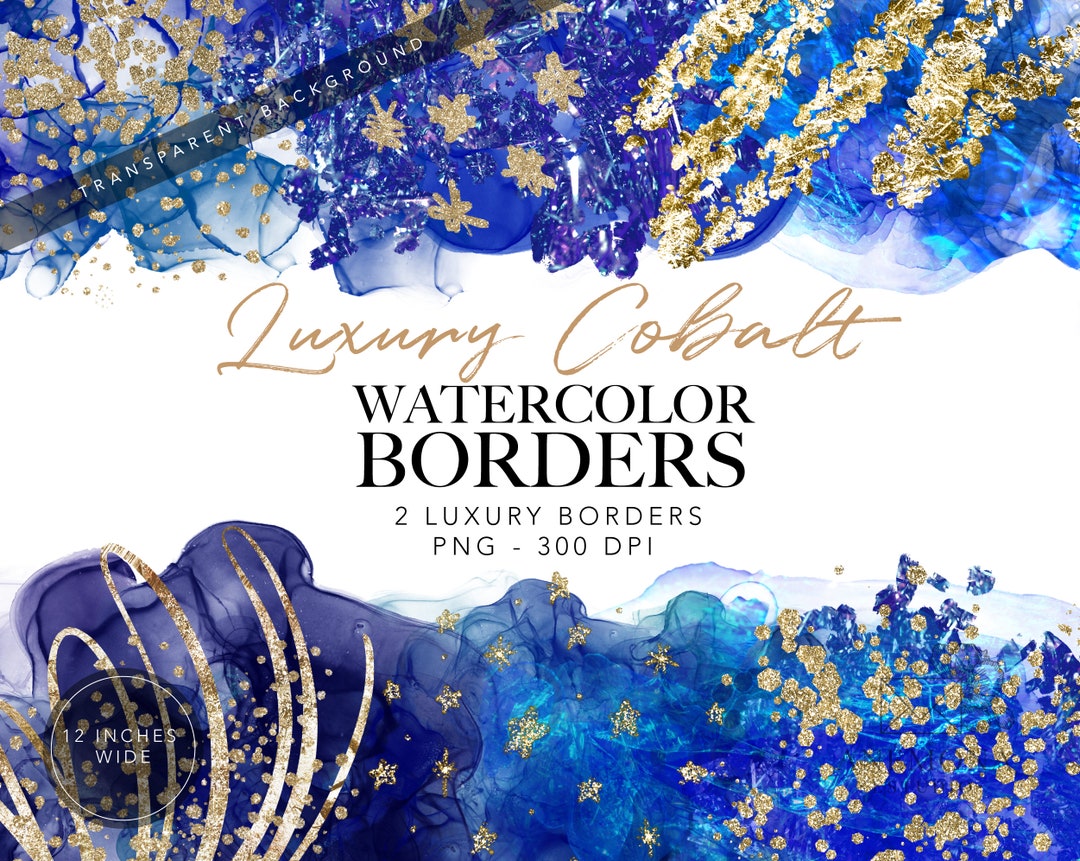 Blue Cobalt Watercolor Border Clipart: Gold Glitter Frame (digital ...