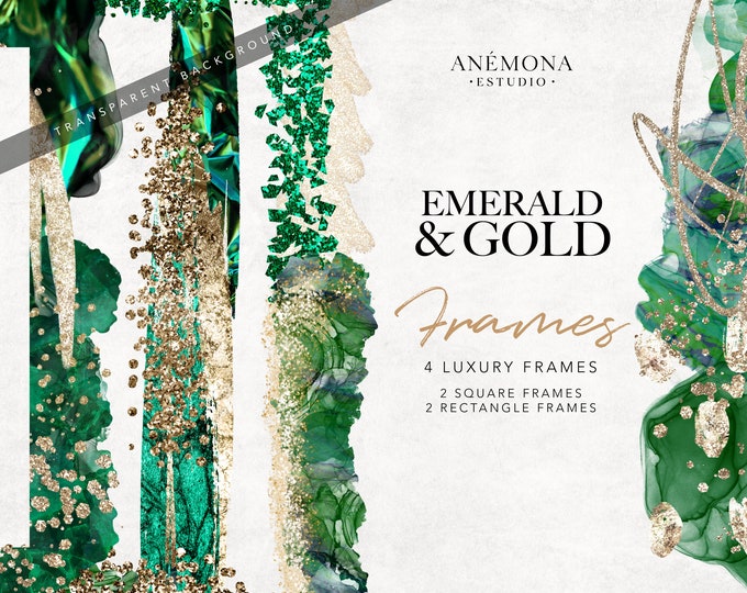 Emerald Green Watercolor Border Clipart: Modern Abstract Gold & Silver ...