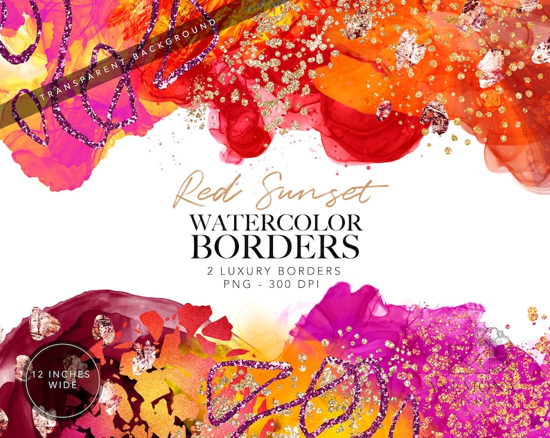 Red Orange Watercolor Border Clipart: Glitter Alcohol Ink Frame ...