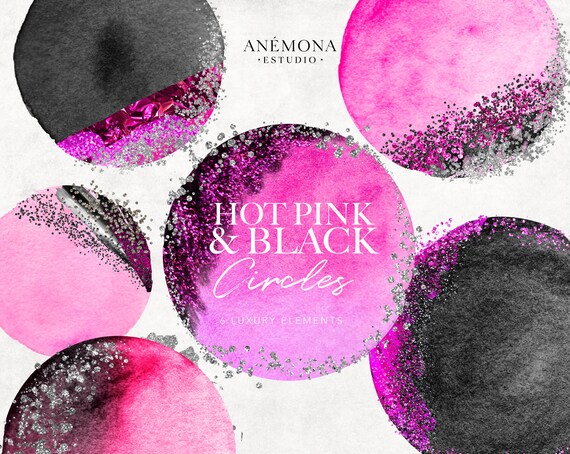 Hot Pink and Black Watercolor Circles Clipart Glitter Circle - Etsy