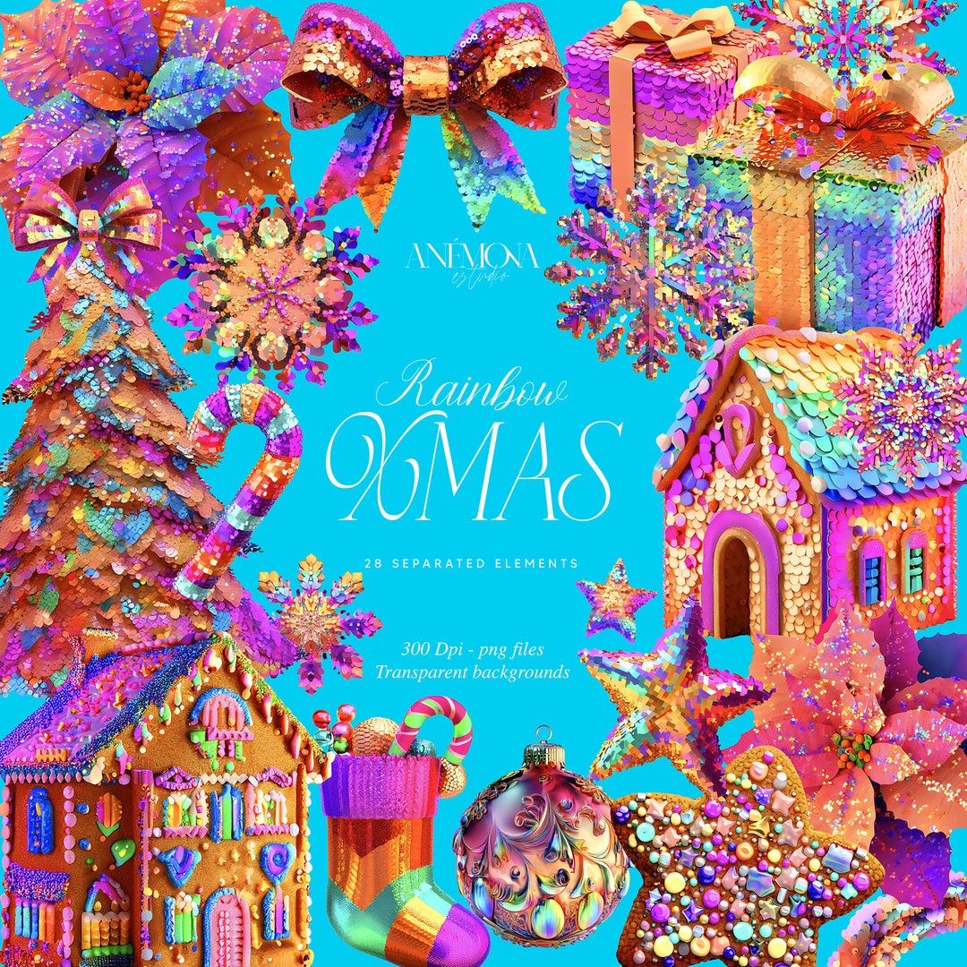 Rainbow Christmas Clipart, Gingerbread House, Neon Christmas Tree ...