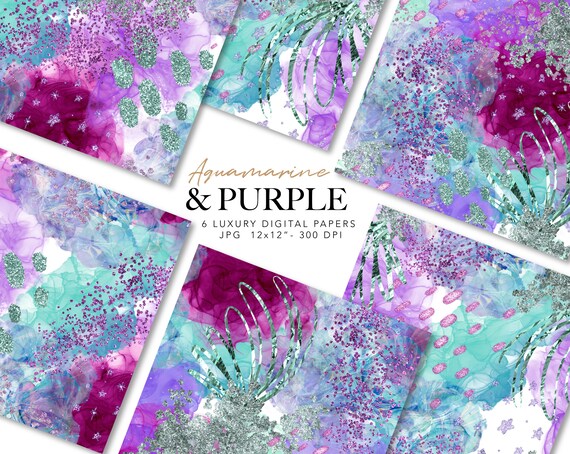 Purple and Aqua Digital Paper Glitter Abstract Paper - Etsy
