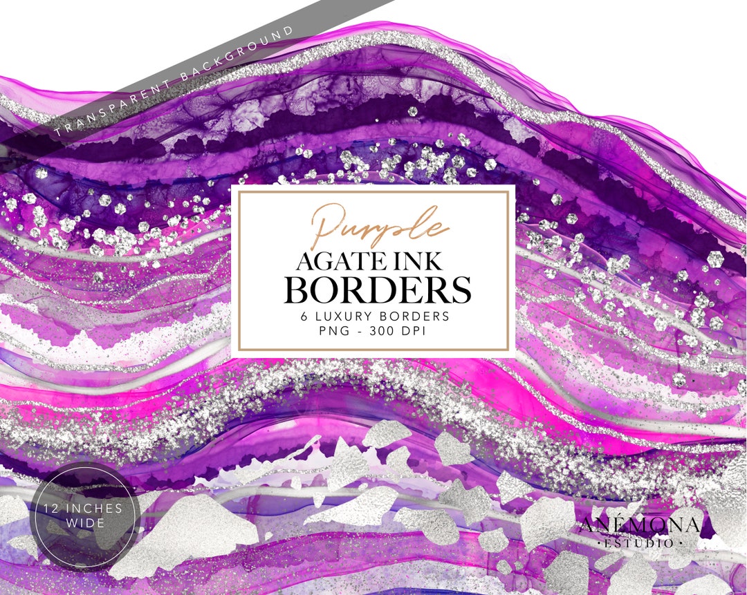 Purple Agate Border Clipart, Amethyst Watercolor Geode Clipart - Silver ...
