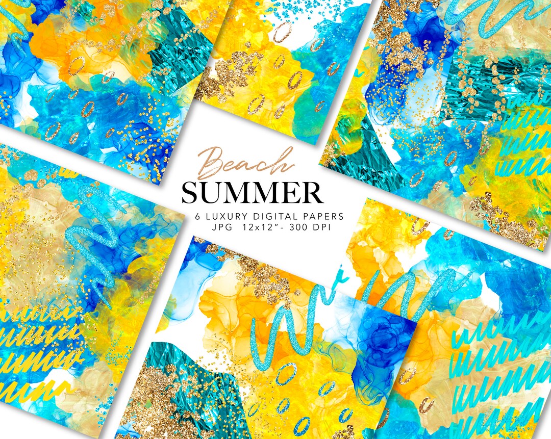 Yellow and Blue Digital Paper - Glitter Abstract Paper - Alcohol Ink ...