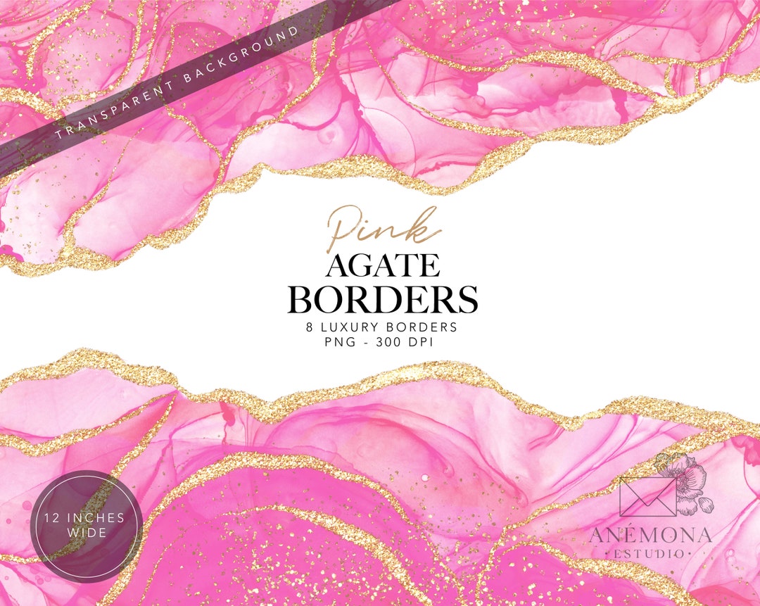Pink Agate Borders Clipart, Pink Watercolor Geode Clipart - Gold ...