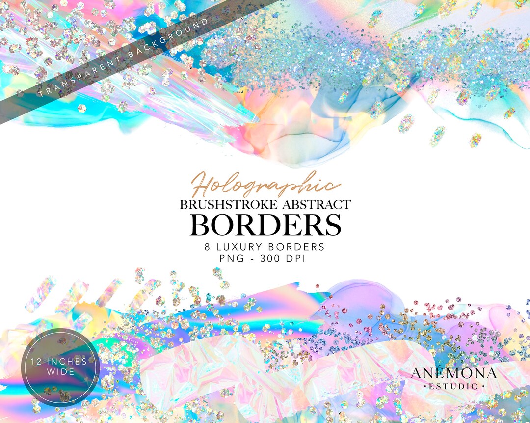 Holographic Glitter Border Clipart: Iridescent Abstract Frame (digital ...