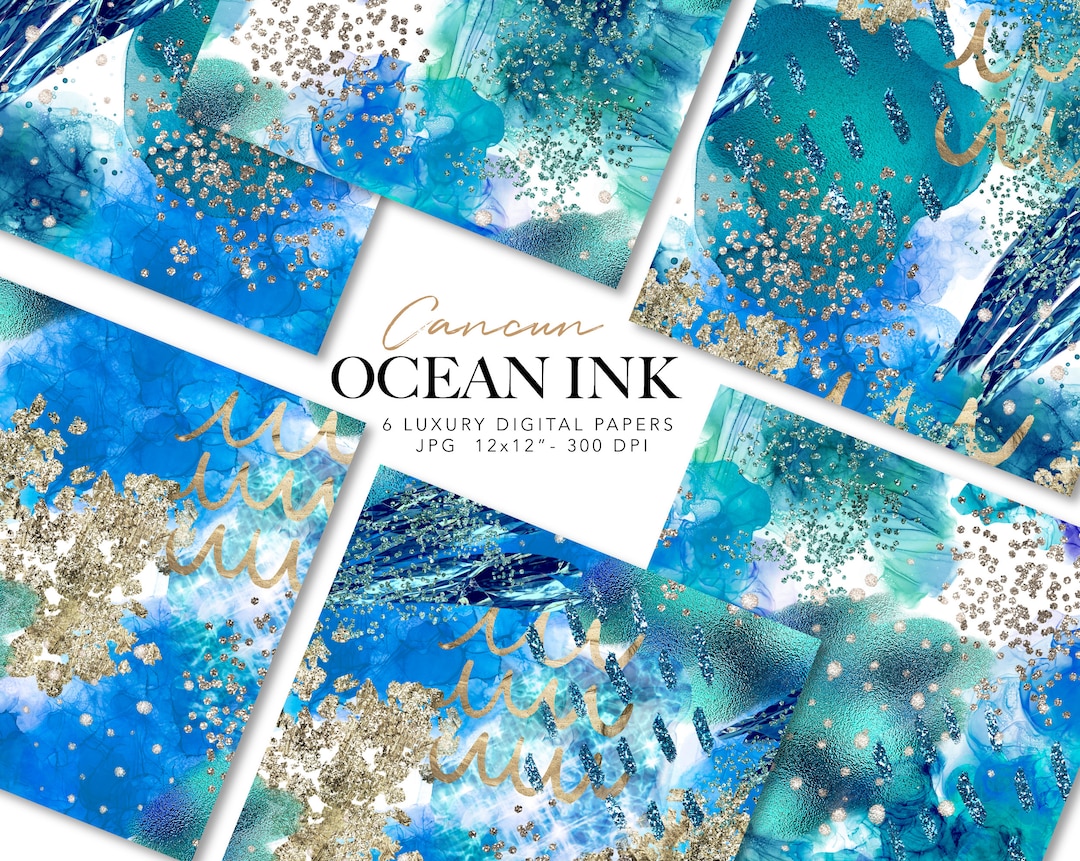 Aqua Digital Paper - Glitter Abstract Paper - Blue Alcohol Ink - Modern ...