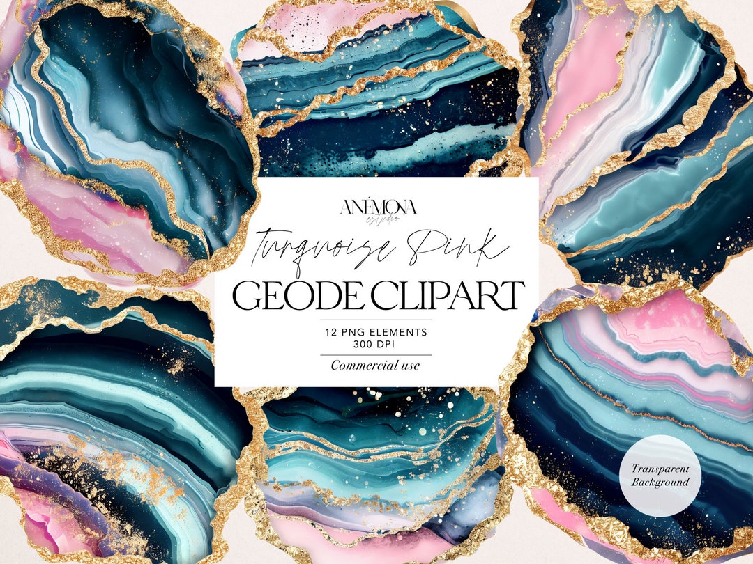 Geode Clipart, Pink Agate Slice Clipart, Pink and Aqua Stone Slice ...