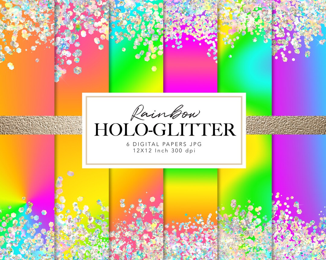 Neon Rainbow Glitter Digital Paper, Rainbow Digital Paper, Iridescent ...