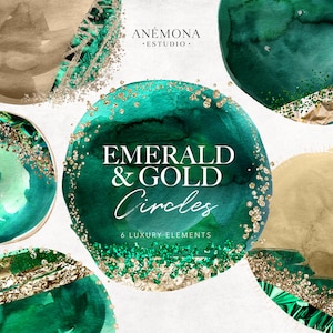 Green and Gold Watercolor Circles Clipart: Glitter Foil (digital ...
