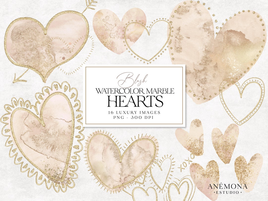 Valentines PNG, Blush Heart Clipart Watercolor, Gold Glitter Hearts ...