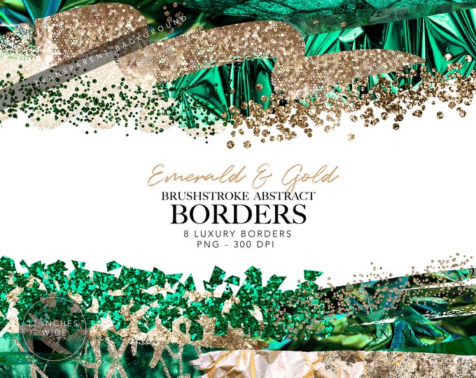 Emerald Green Watercolor Border Clipart: Modern Abstract Gold & Silver ...