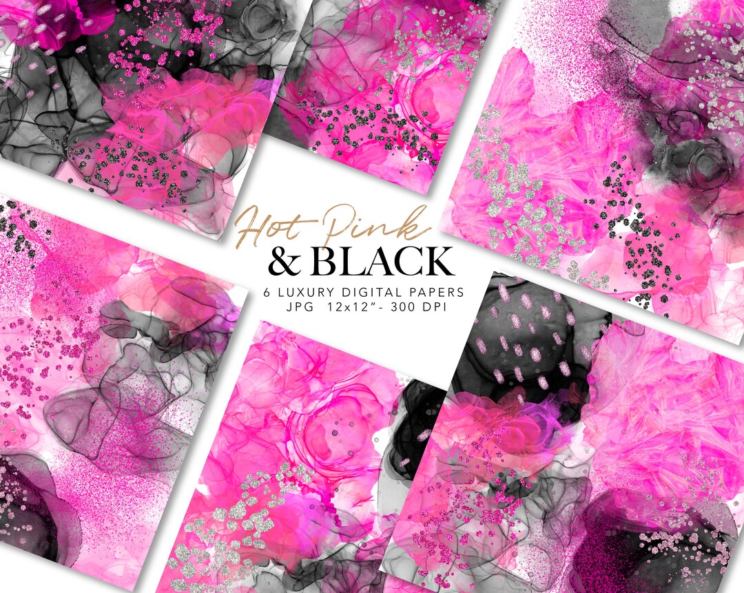 Pink and Black Alcohol Ink Digital Paper: Glitter Watercolor (digital ...
