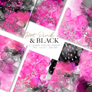 Pink and Black Digital Paper - Alcohol Ink Paper - Glitter Abstract ...