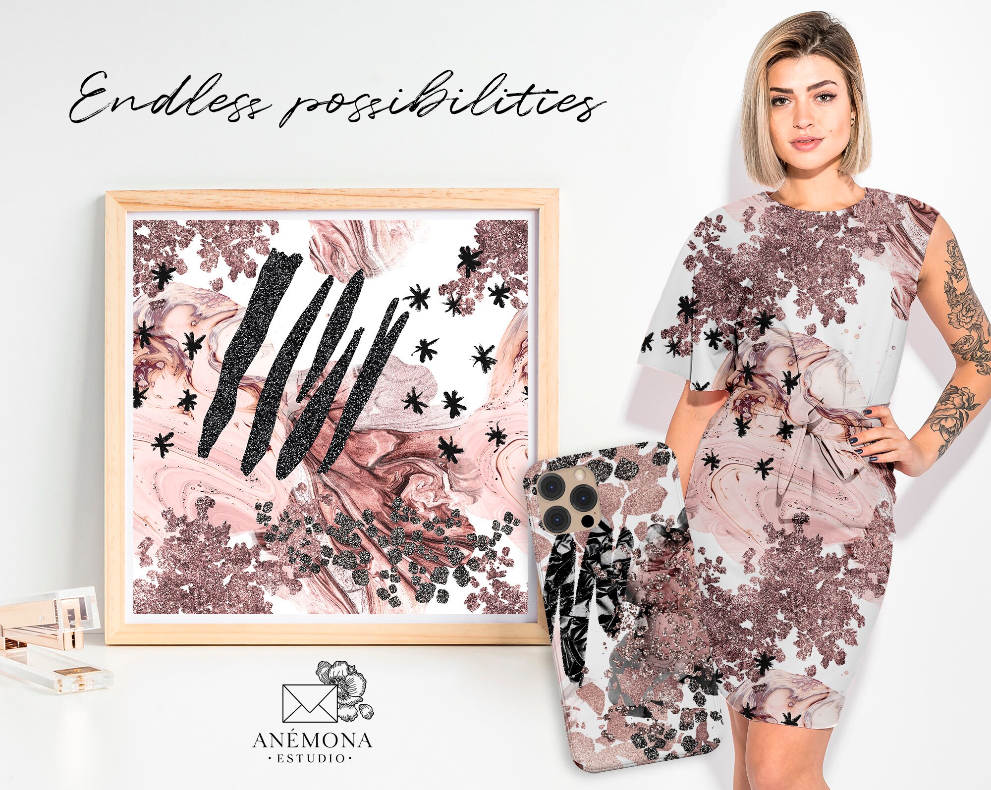 Rose Gold and Black Digital Paper Glitter Abstract Paper - Etsy