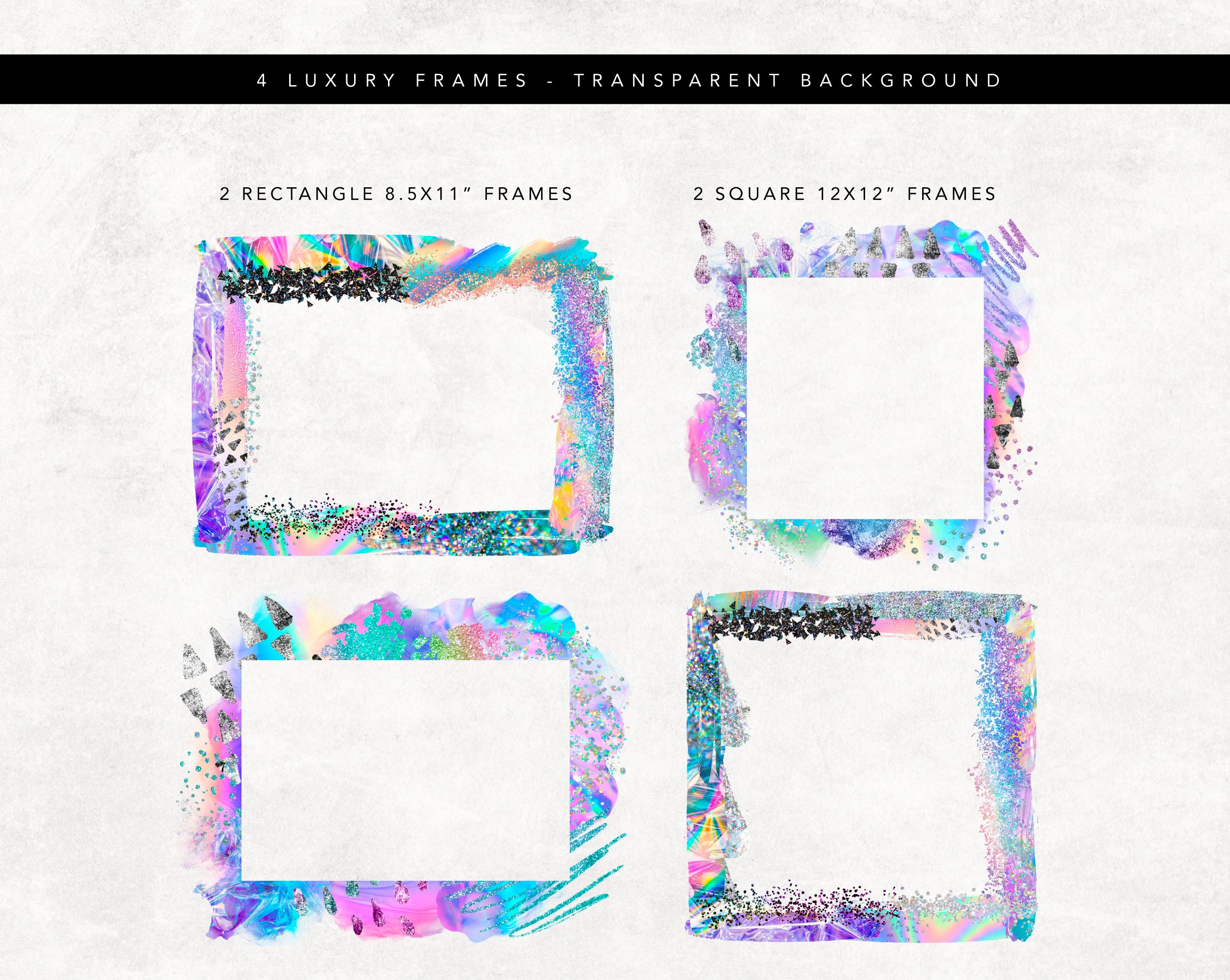 Iridescent Glitter Frame Clipart: Rainbow Metallic Border (digital ...