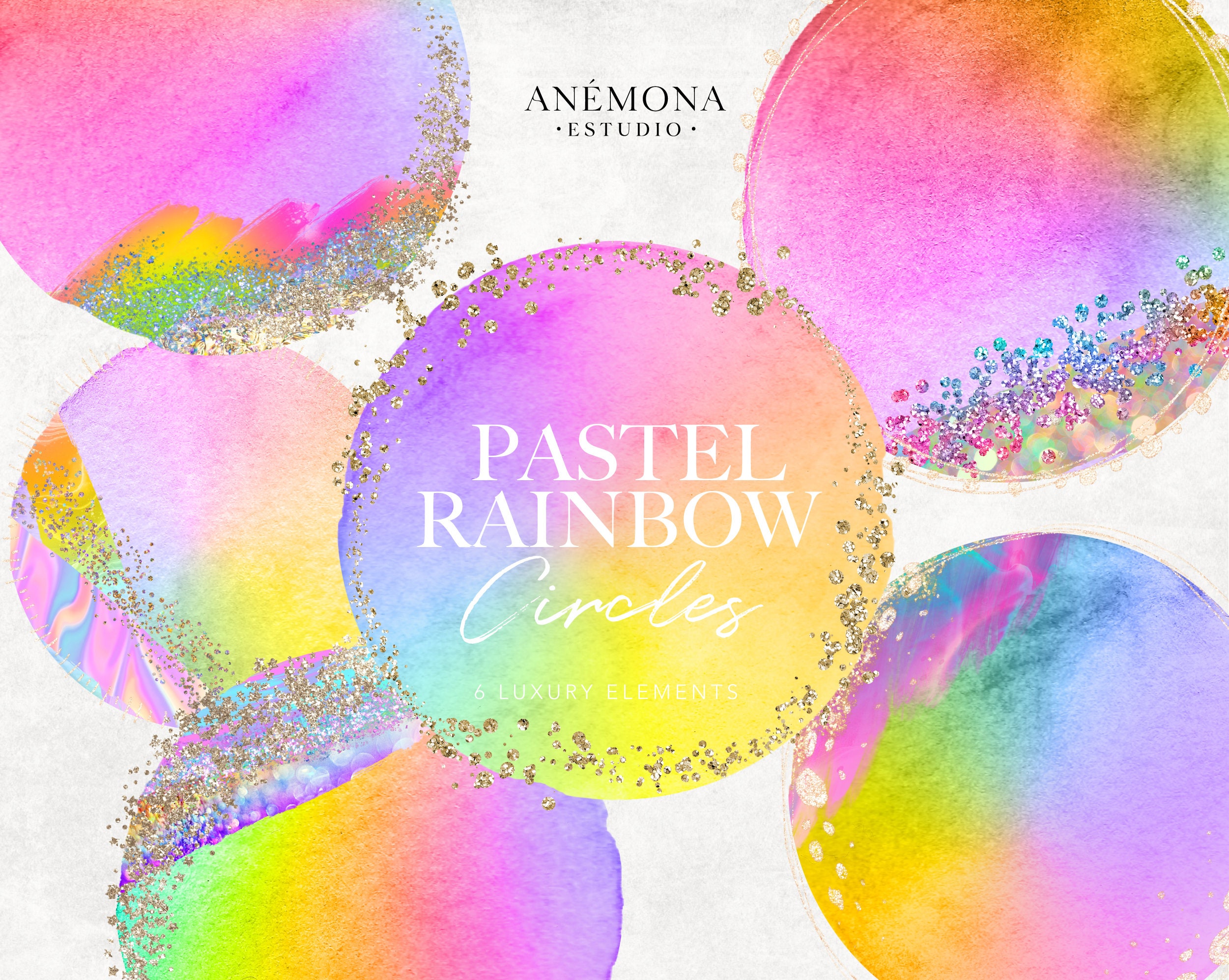Pastel Rainbow Watercolor Circles Clipart: Glitter Foil (digital ...
