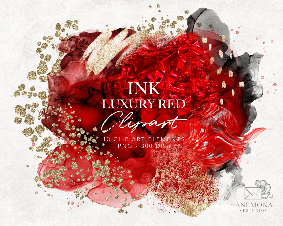 Red Gold Watercolor Ink Splash Clipart: Glitter Foil Texture (PNG ...
