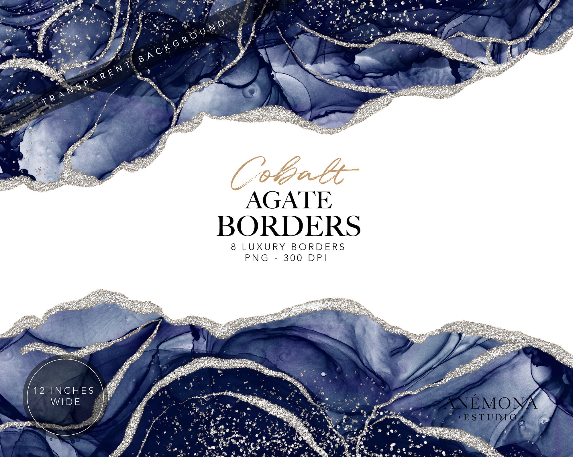Blue Cobalt Agate Borders Clipart: Silver Glitter Marble (digital ...