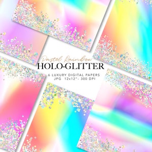 Pastel Rainbow Glitter Digital Paper, Rainbow Digital Paper, Iridescent ...