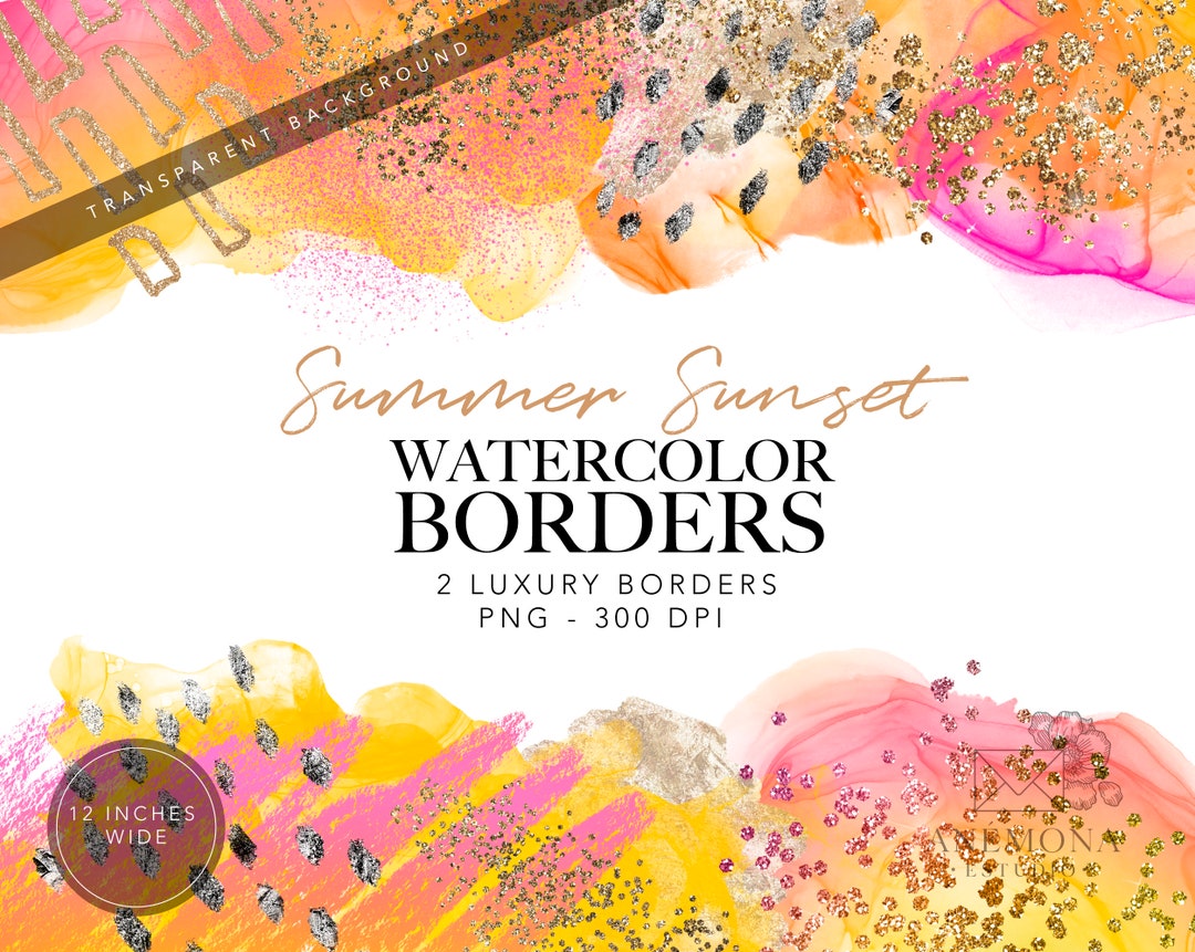 Pink Orange Watercolor Glitter Border Clipart: Summer Alcohol Ink Frame ...