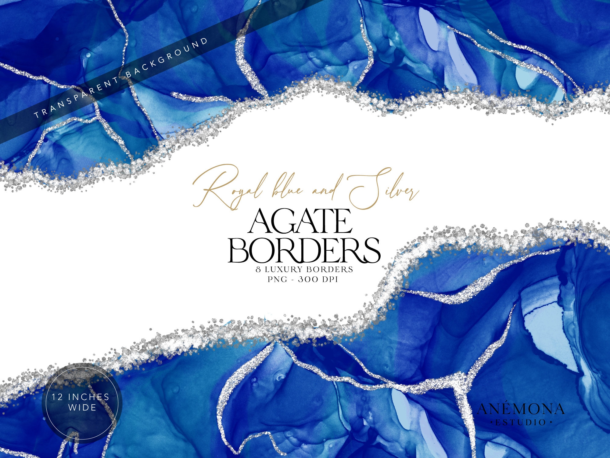 Royal Blue Agate Borders Clipart: Silver Glitter Marble (digital ...