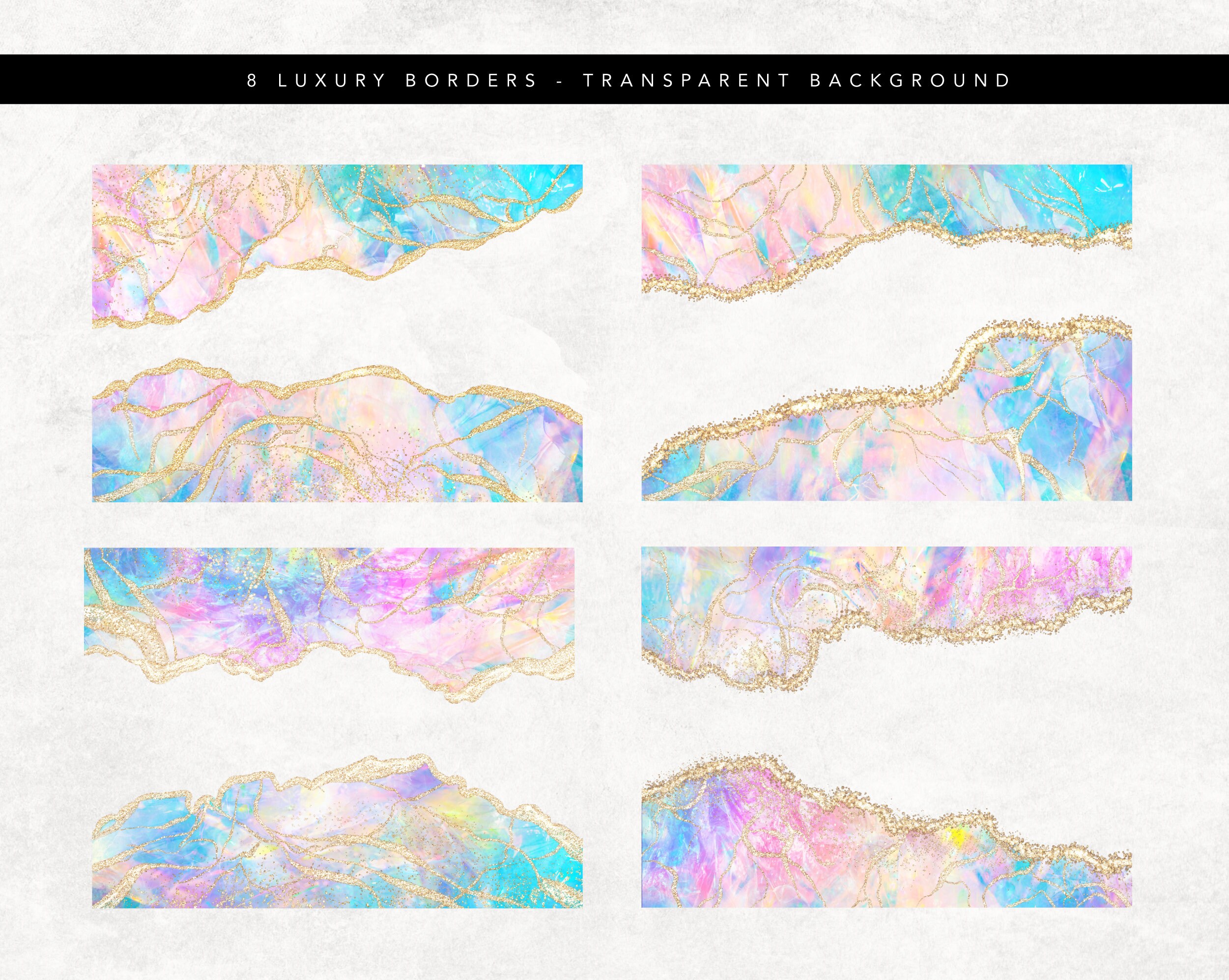 Holographic Agate Borders Clipart: Iridescent Geode Frames (PNG, 300 ...