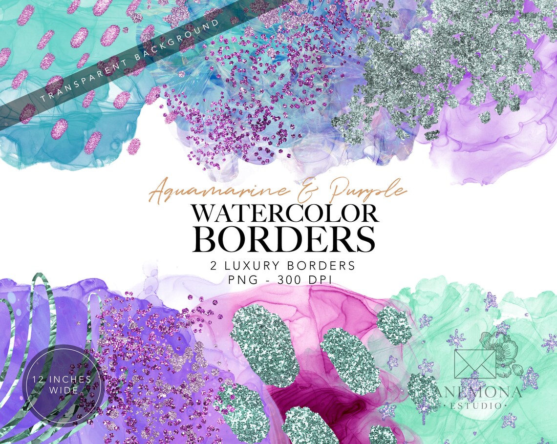 Purple Watercolor Border Clipart Glitter Border Aqua | Etsy