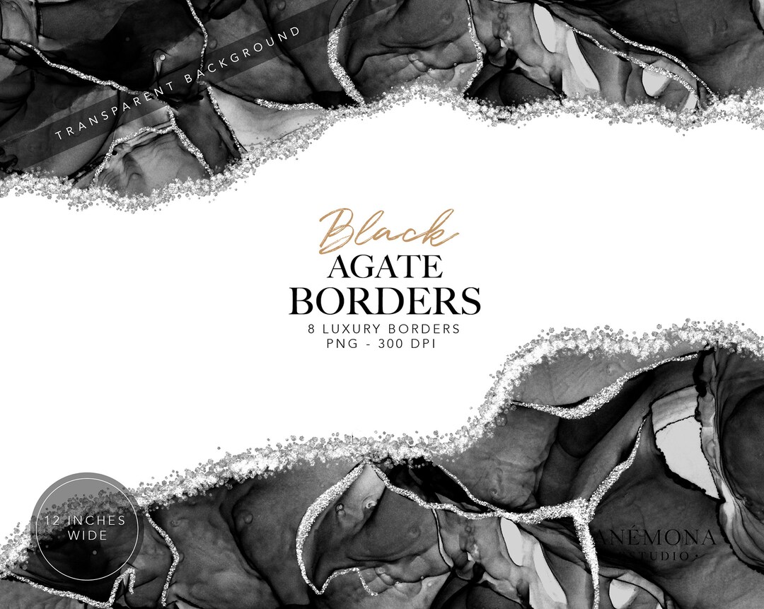 Black Agate Borders Clipart, Watercolor Geode Clipart - Silver Glitter ...