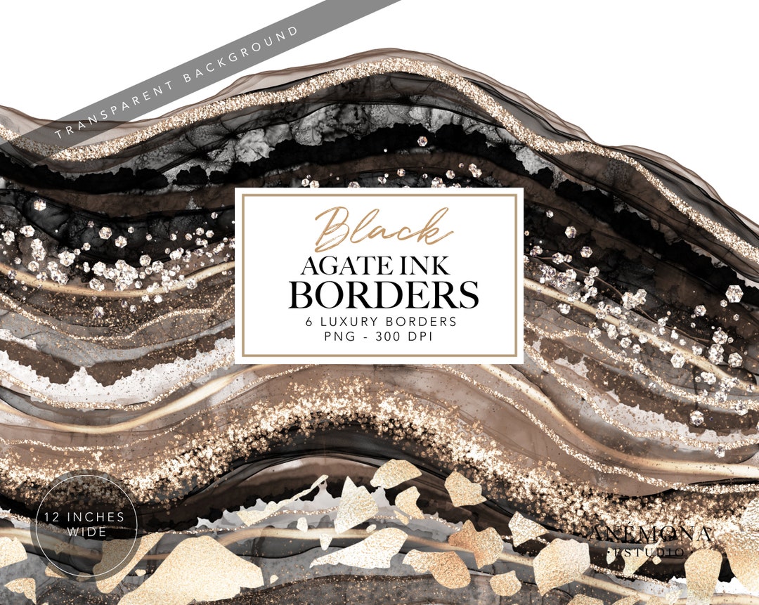 Black Agate Borders Clipart, Watercolor Geode Clipart - Gold Glitter ...