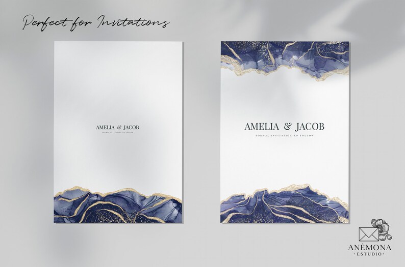 Blue Agate Borders Clipart: Gold Glitter, Indigo Watercolor (digital ...