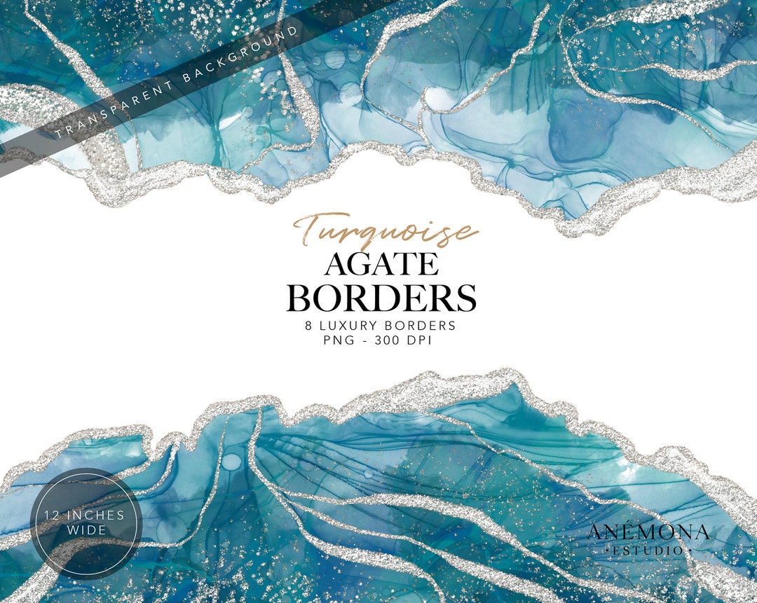 Turquoise Agate Borders Clipart: Teal Watercolor, Silver Glitter ...