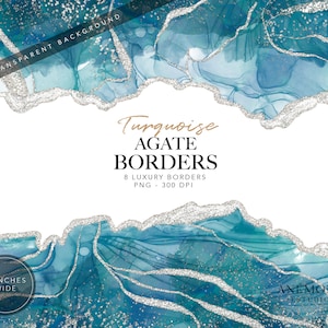 Turquoise Agate Borders Clipart: Teal Watercolor, Silver Glitter ...