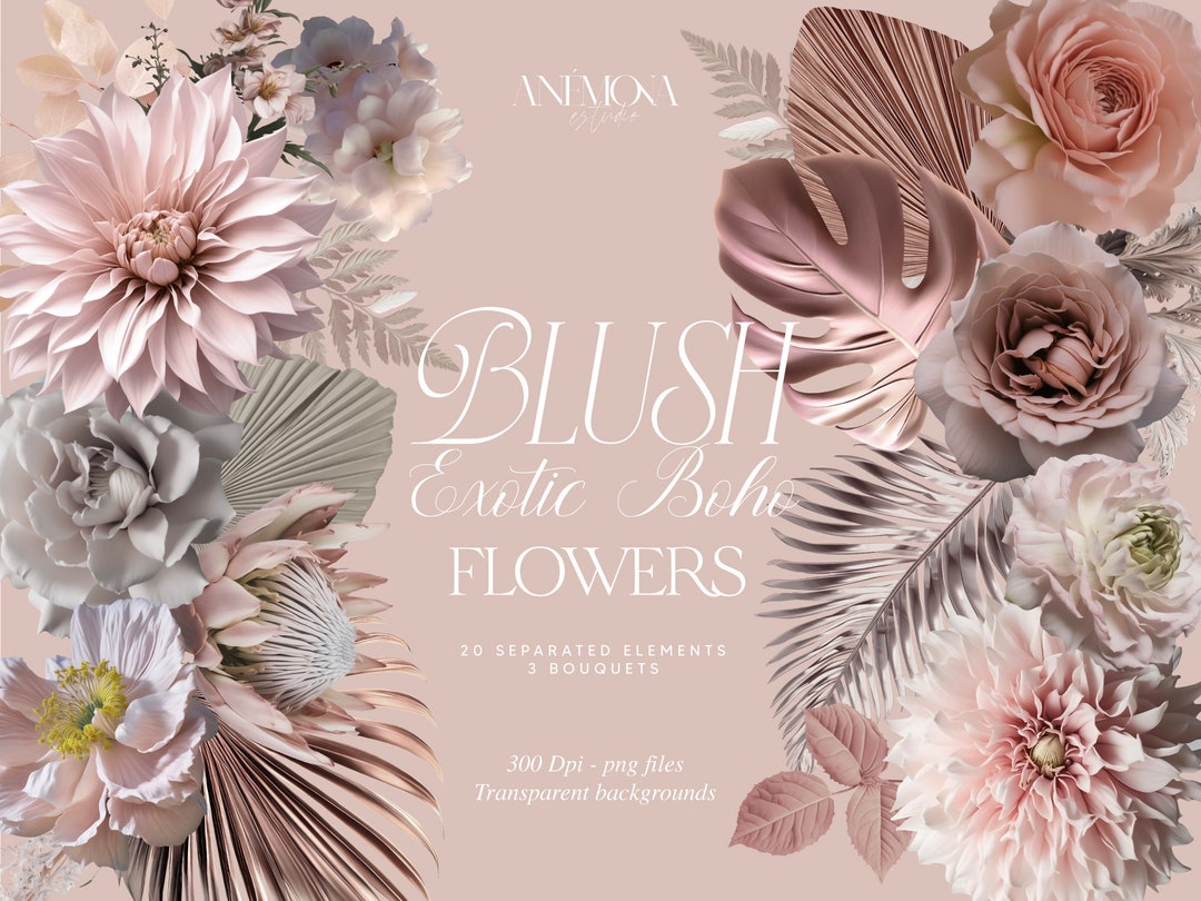 Boho Floral Clipart, Pastel Boho Flowers, Palm Boho Roses Bouquets Png ...