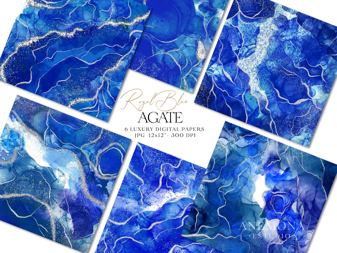 Royal Blue Agate Digital Paper - Blue Marble and Silver Paper - Alcohol ...