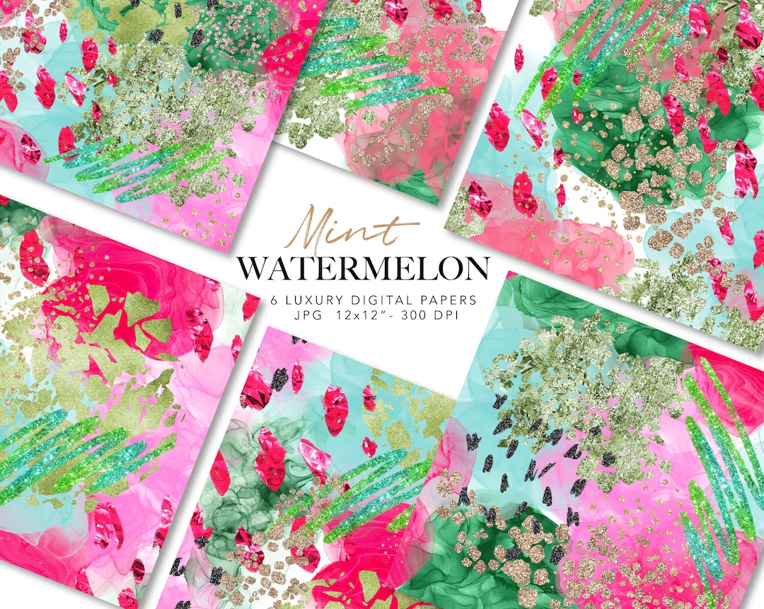 Watermelon Digital Paper: Glitter Abstract Alcohol Ink Pattern ...