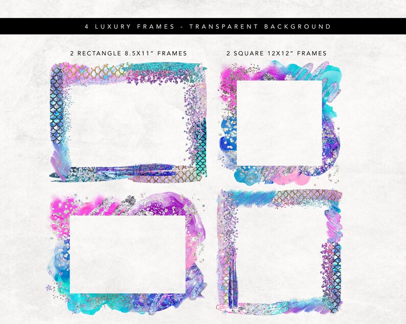 Mermaid Frame Clipart Digital Modern Frame Glitter Border | Etsy