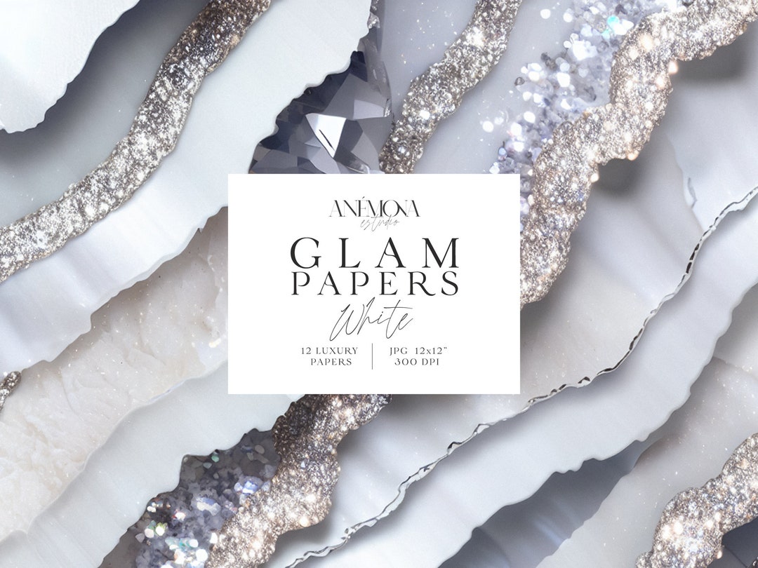 White Sparkling Shiny Glitter Glamorous Digital Paper, Metallic Agate ...