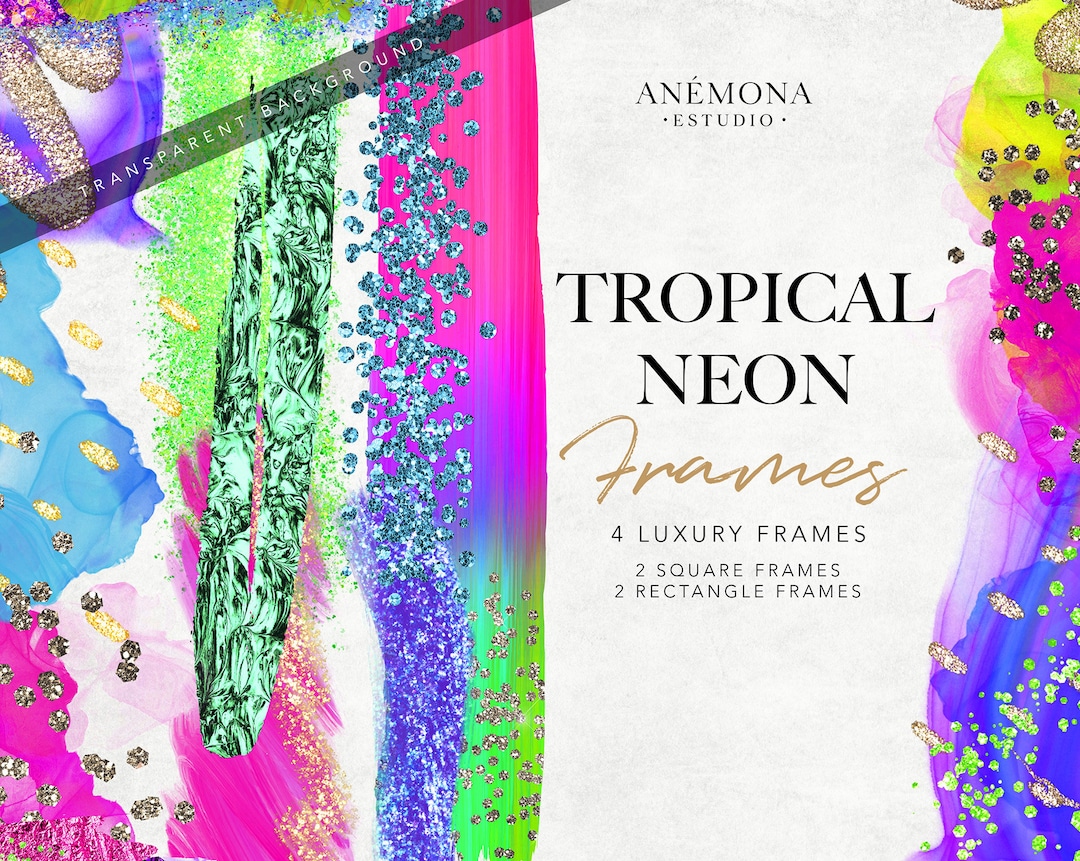 Neon Frame Clipart - Digital Modern Frame, Glitter Border - Abstract ...