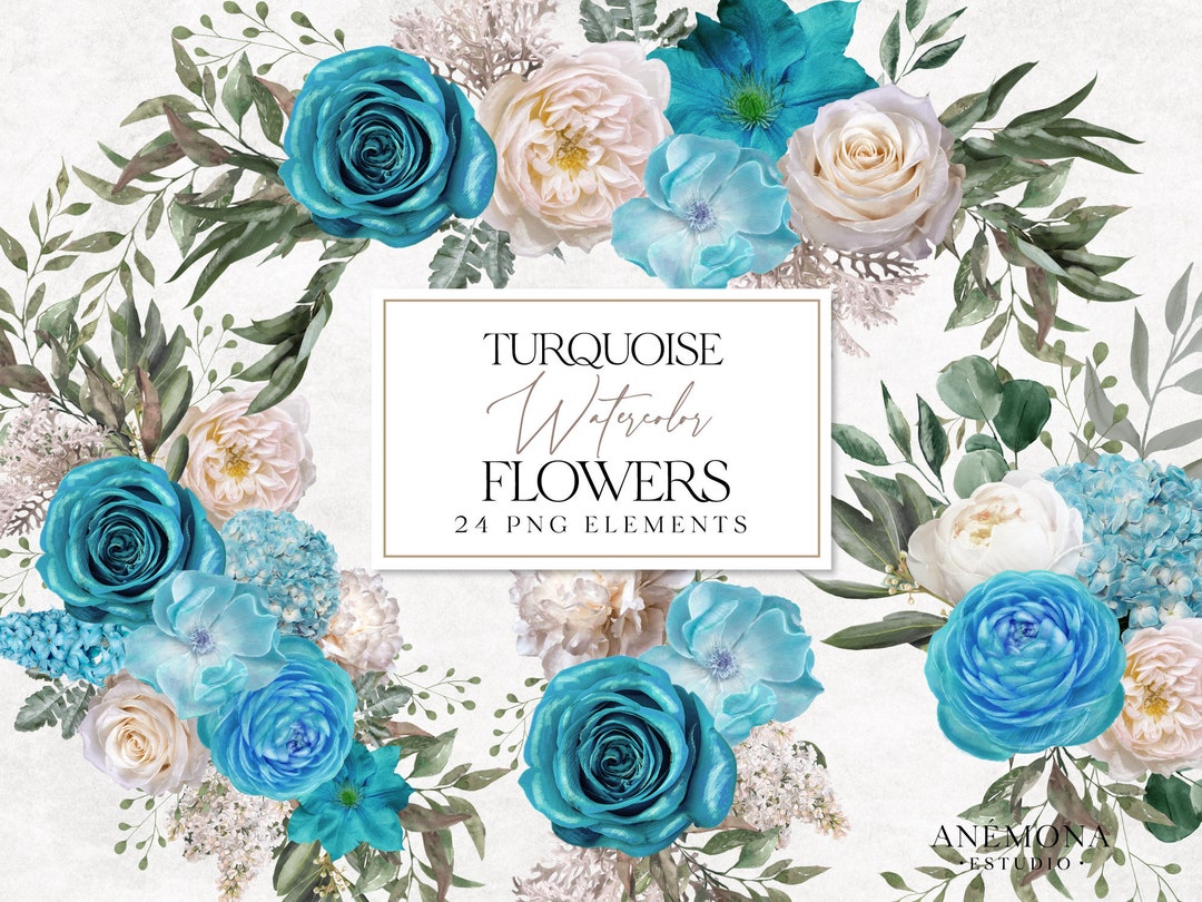 Turquoise Watercolor Floral Clipart: Aqua Flower PNG Set (digital ...