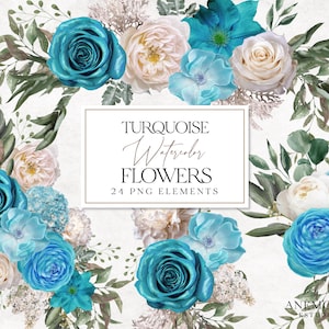 Turquoise Watercolor Floral Clipart: Aqua Flower PNG Set (digital ...