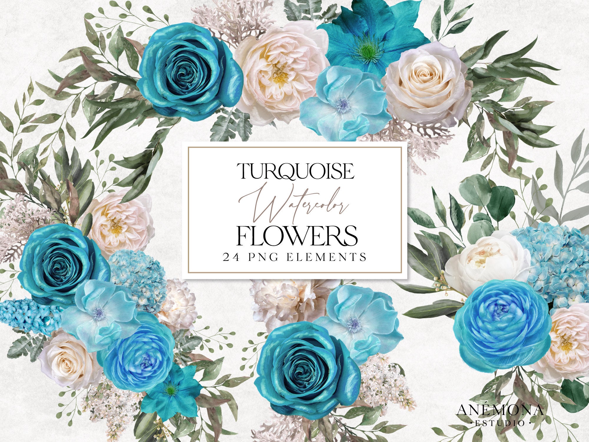 Turquoise Watercolor Floral Clipart Aqua Flower Watercolor - Etsy