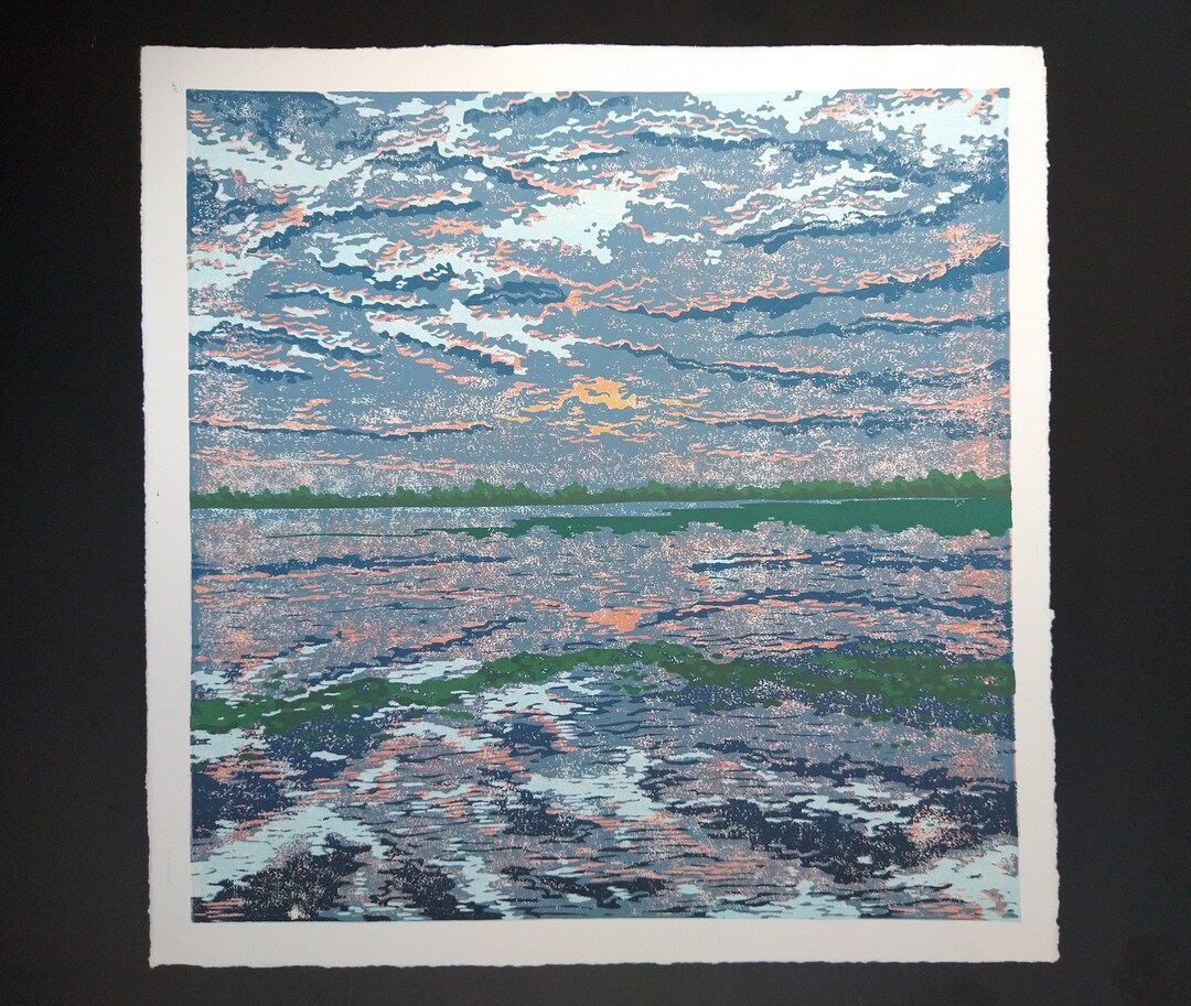 Sunset Lake Linocut Print / Lake Reflecting Clouds Art Print - Etsy