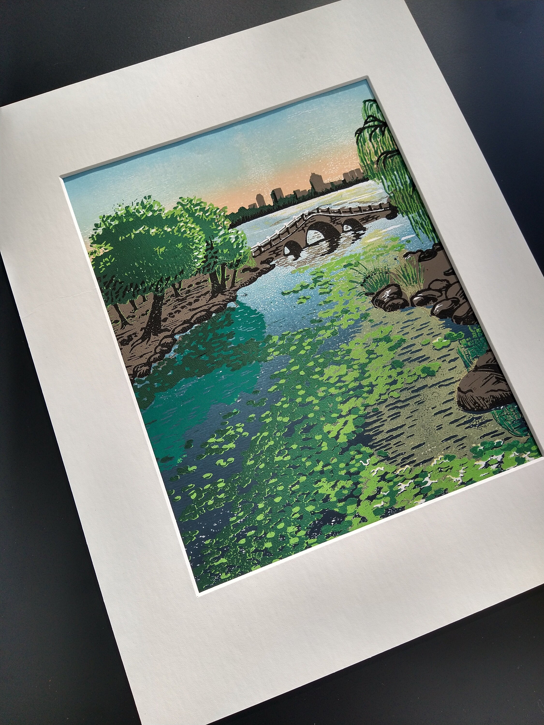 Moon Bridge Lake Linocut Print / Chinese Park Landscape Art - Etsy ...