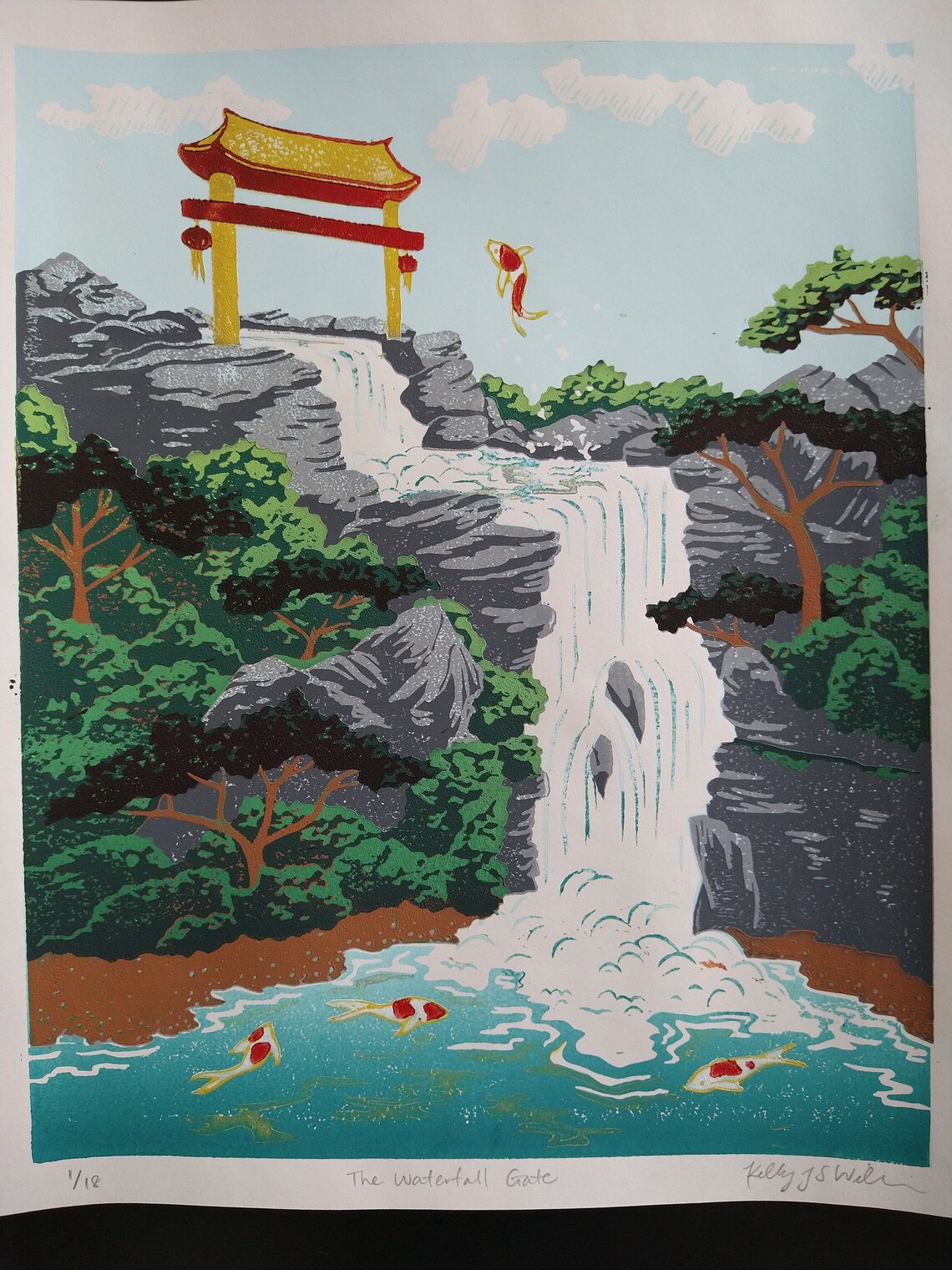 Waterfall Gate Linocut Print: Chinese Koi Fish Art - Etsy